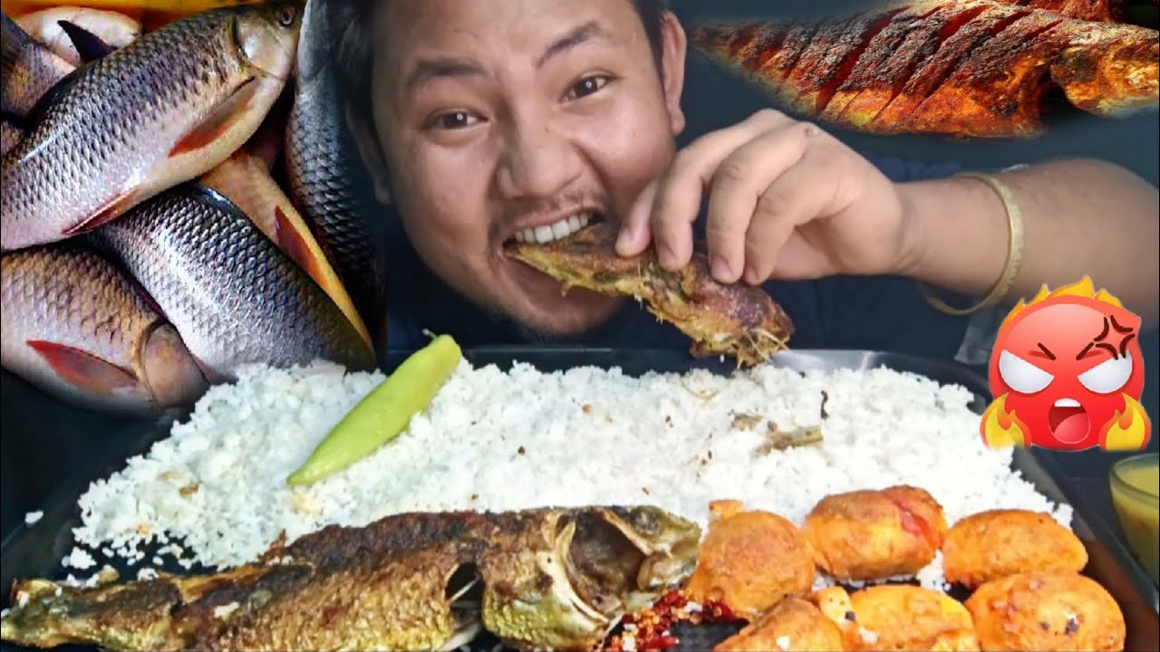 Eating fish fry with boiled fry eggs dall and white rice very crunchy ...