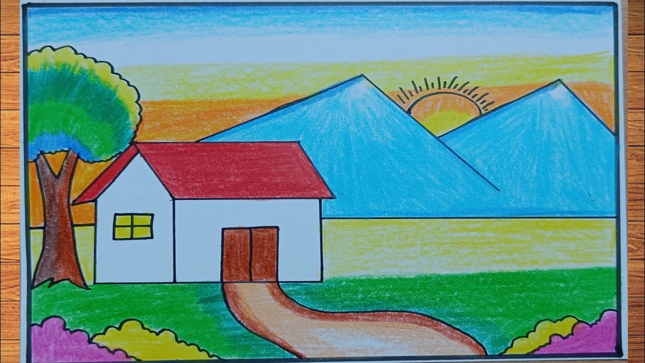 How To Draw Scenery Drawing |Natural Scenery Drawing | Sunrise ...