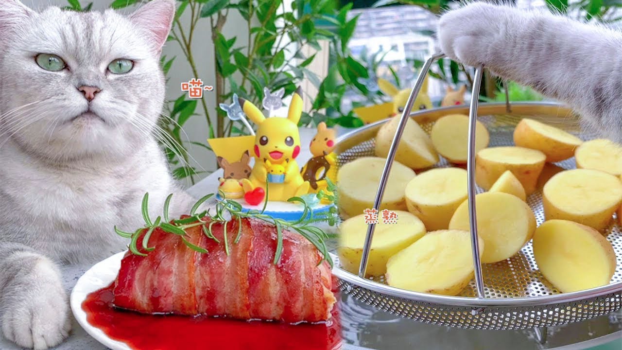 Cat Cooking Food ASMR || Mashed Potato Bacon Big Bombs || Three ...