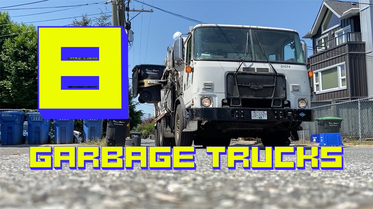 8 Big Garbage Trucks Picking up Bins around Machine Town - YouTube
