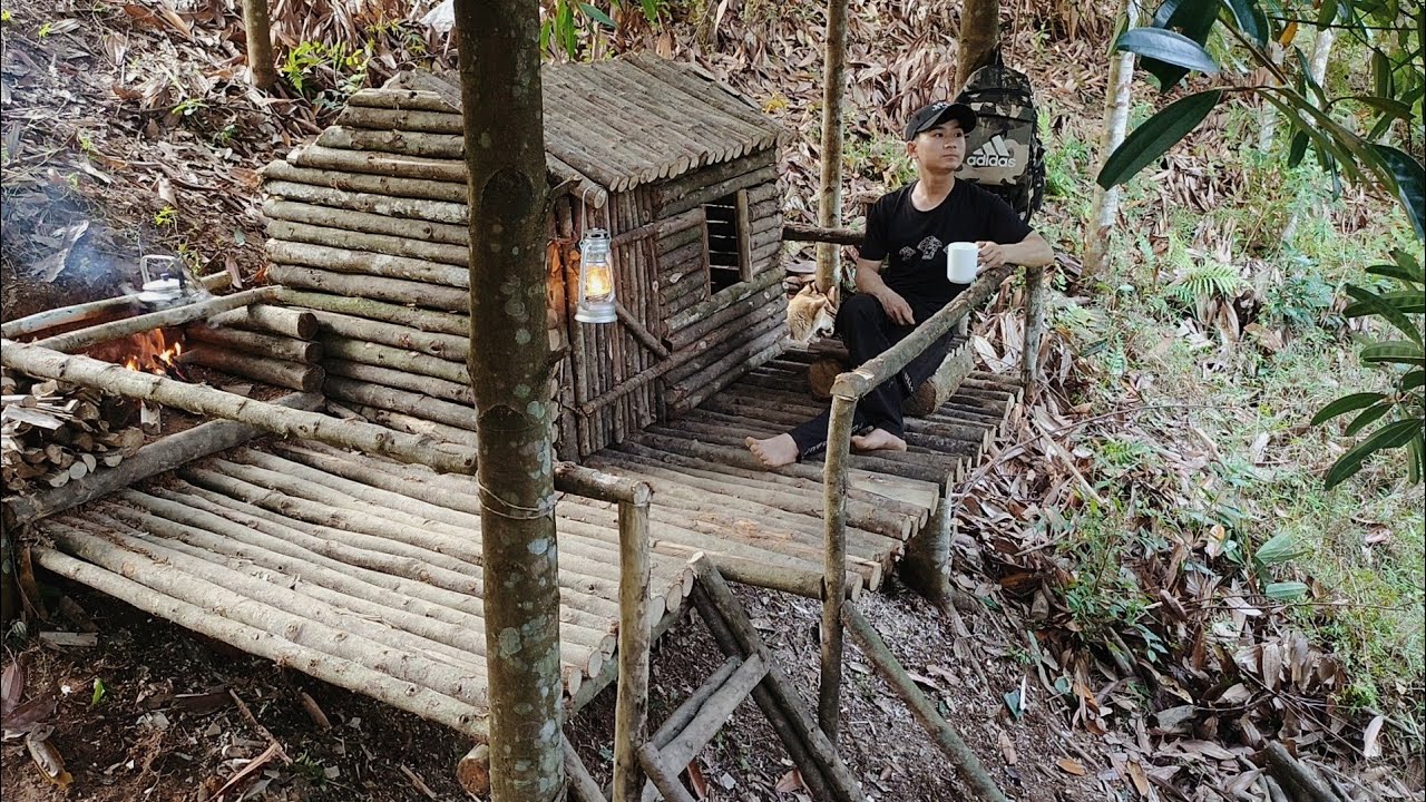 Overnight Bushcraft: Building Shelter Tree House In The Forest,From ...