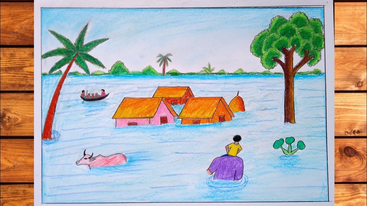 How to draw a Flood Affected area | Flood in Bangladesh | Drawing ...
