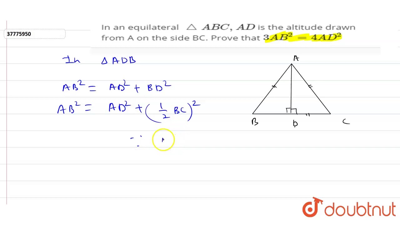 In an equilateral `triangleABC, AD` is the altitude drawn from A on the ...