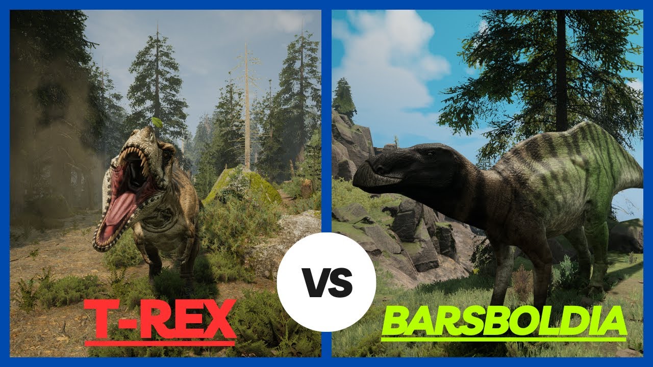 Path of Titans T-rex vs 2 Barsboldia - YouTube