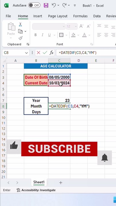 Age Calculator Excel #shorts 💯 - YouTube