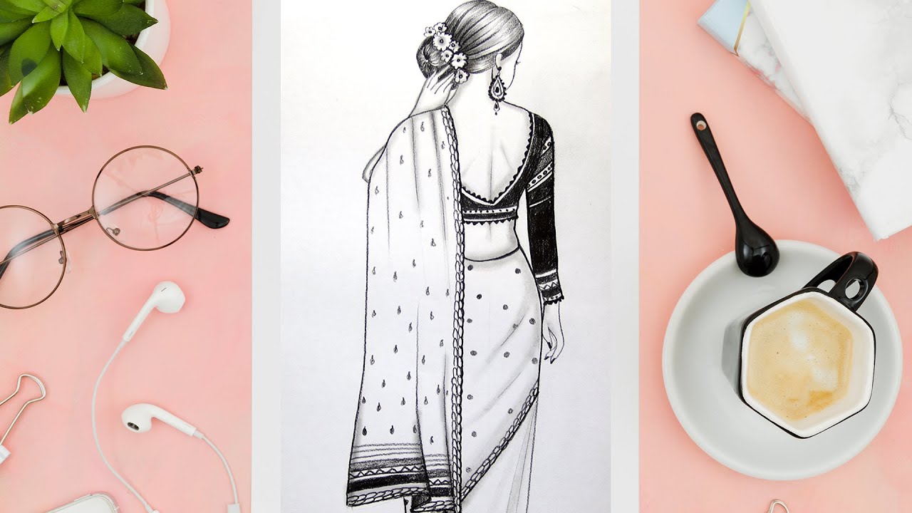 A Girl Backside Traditional Saree || Pencil sketch for beginner || Easy ...
