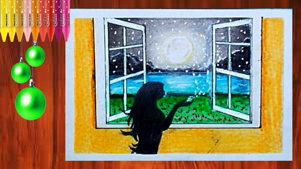 How To Draw A Moonlight Night With Beautiful Girl Touches Snow oil ...
