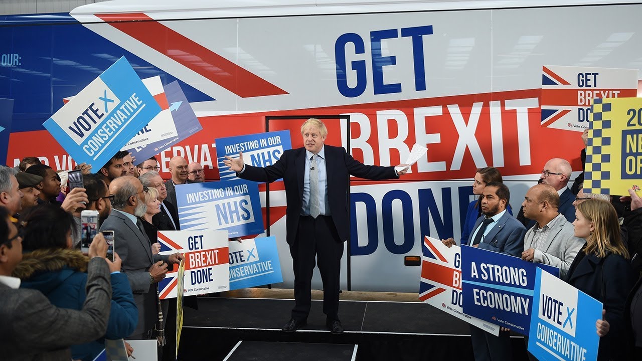 Boris Johnson unveils Tory battle bus for general election - YouTube