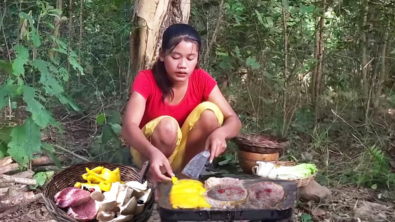 Yummy Cooking Steak on rock with fresh vegetable and Eating for lunch ...