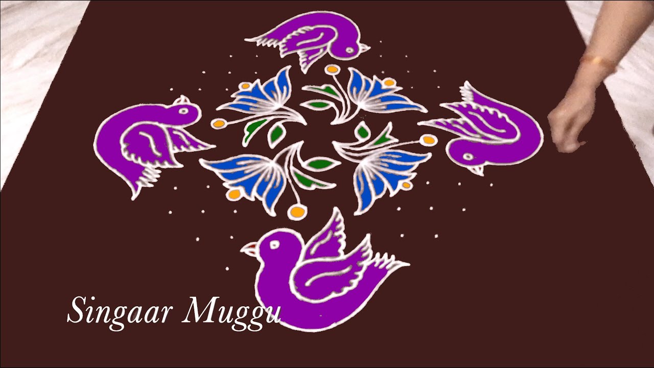 Birds rangoli design 16X2 dots | Birds muggulu | Simple dots rangoli ...