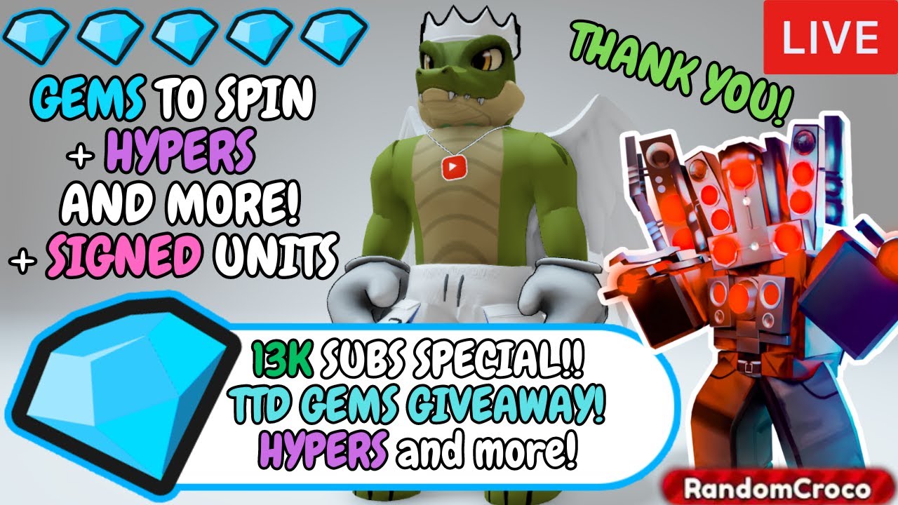 🔴LIVE | 13K SUBS SPECIAL! HYPER & GEMS GIVEAWAY! Roblox Toilet Tower ...