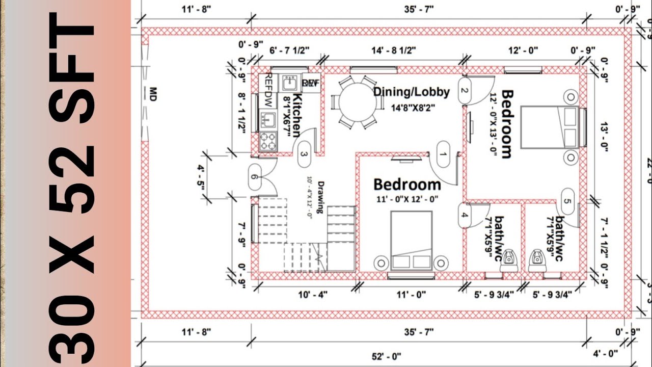 30 X 52 Square Feet House Plan || 30x52 Sqft 2 Bhk || 2 BHK House Plan ...