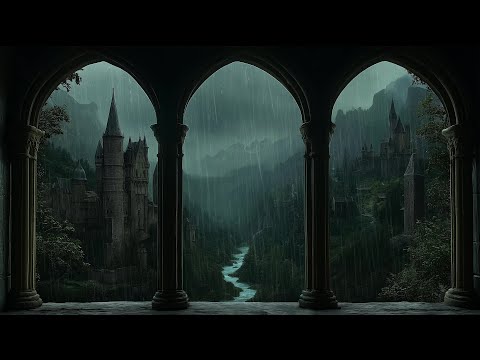 Cozy Rain and Thunderstorm in Castle Window with Flow River - Ambience, Reading, Sleep