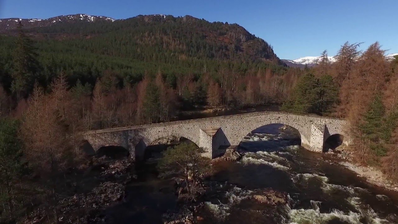 Aerial HD view of the old brig O'Dee (Dee bridge) in Royal Deeside ...