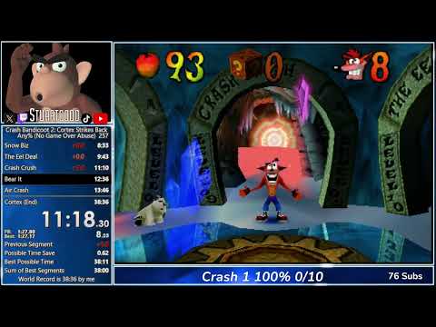 [World Record] Crash Bandicoot 2 Any% No Game over Abuse in 38:28