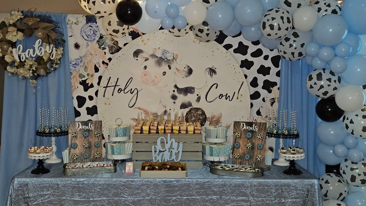 Holy Cow Baby Shower Theme w/Blue & Cow Print Balloon Garland Add-on ...