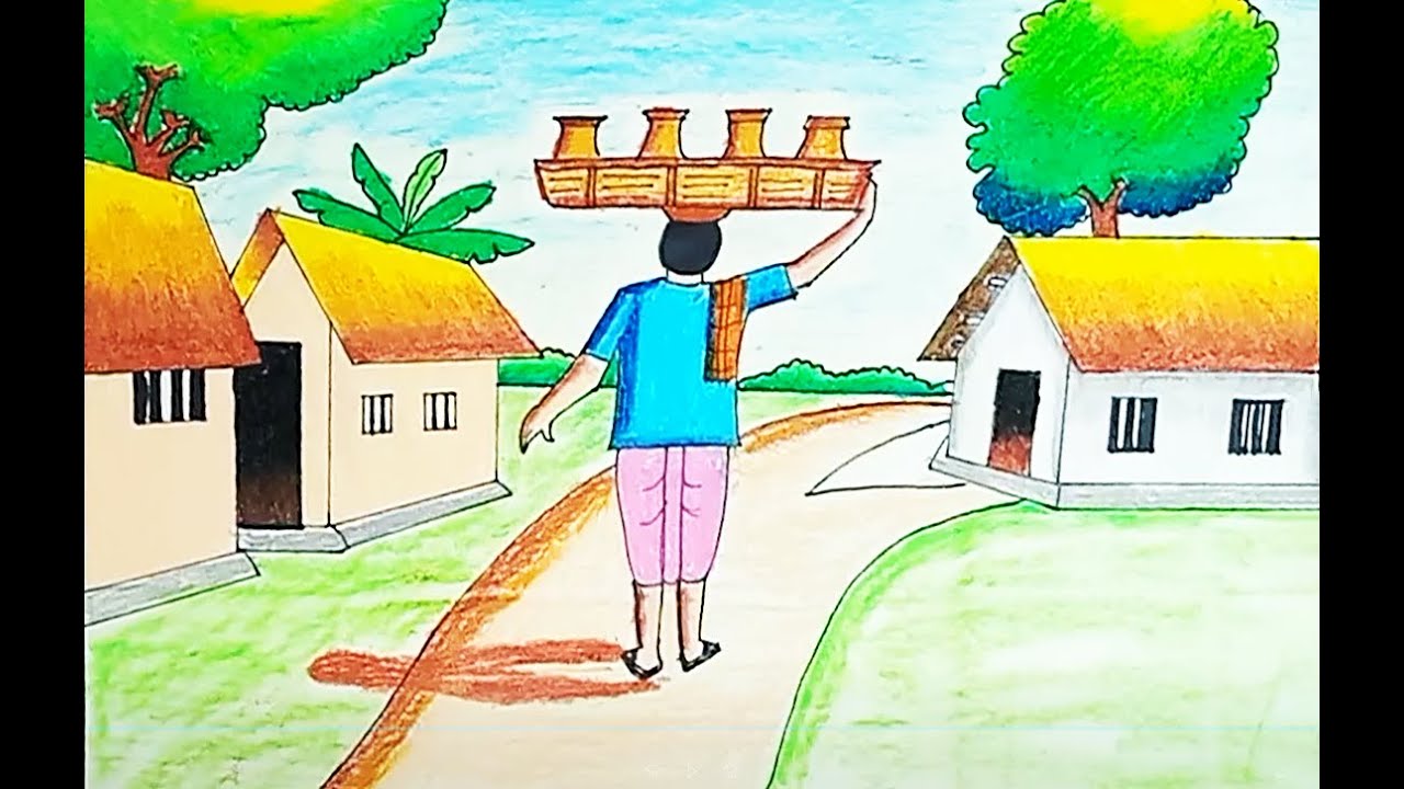 How to draw a Village scenary step by step for beginners | Realistic ...