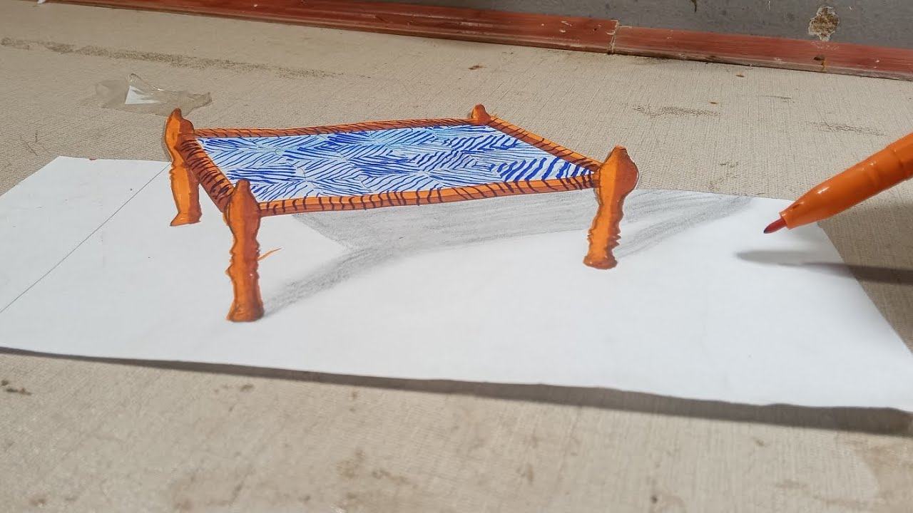 how to draw 3D bunk bed (charpai) on paper/charpai ki 3D sketch kaise ...
