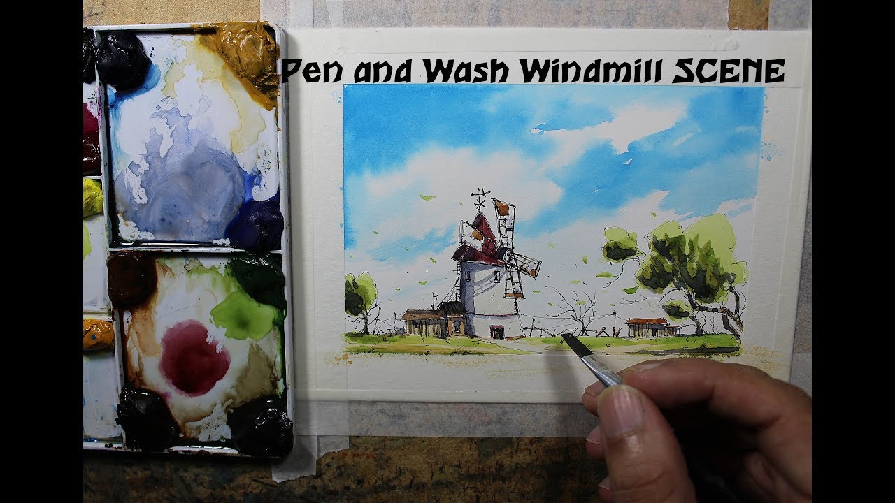 Pen and Wash Windmill in my crooked lines,for beginner watercolor.Nil ...