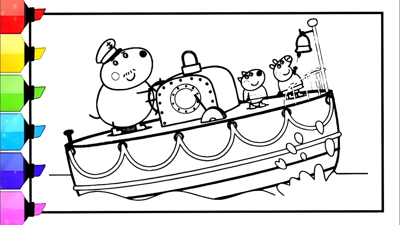 Coloring Danny Dog Driving A Ship with Kids | Peppa Pig Drawing and ...