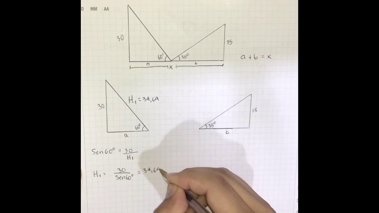 Calcular base de dos triángulos (trigonometría) - YouTube