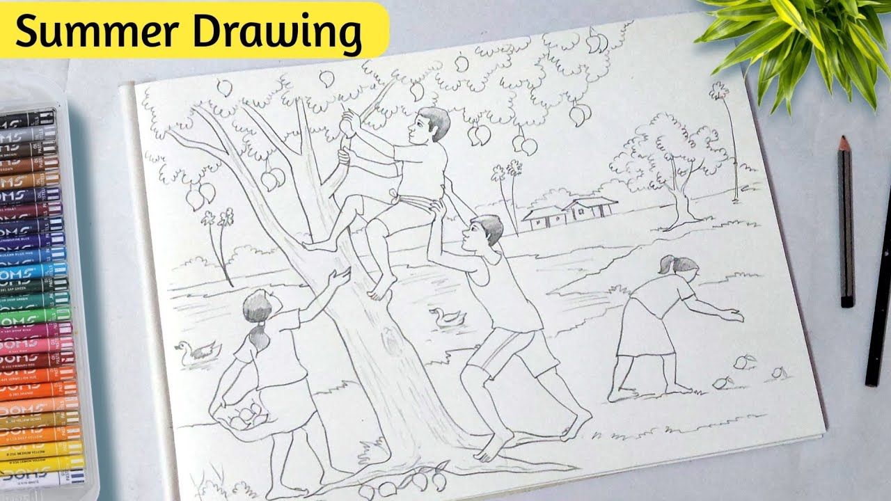Summer Season Scenery Drawing/ Summer Season Drawing Easy/ Village ...