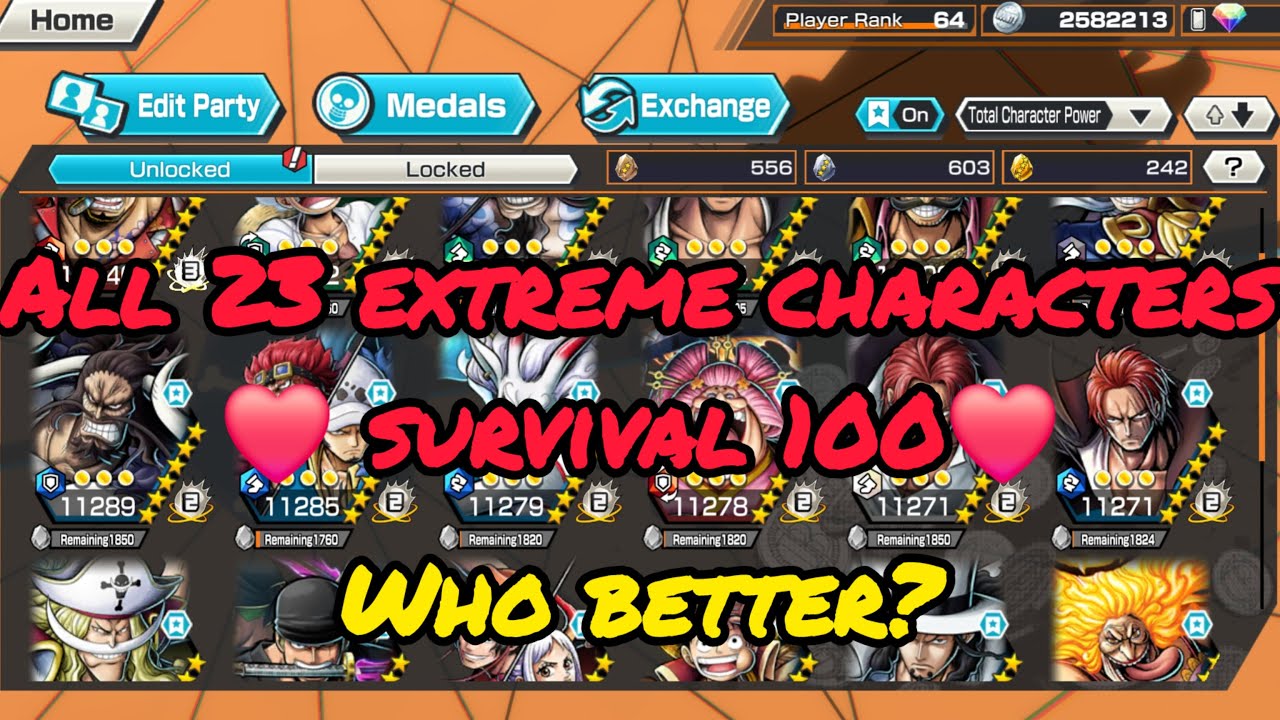All extreme characters lvl 100 survival 100 Gameplay in One Piece ...