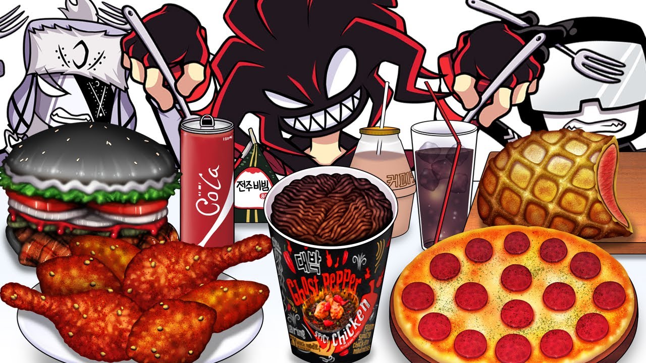 Mukbang Animation Spicy noodle chicken Set eating Friday Night Funkin ...