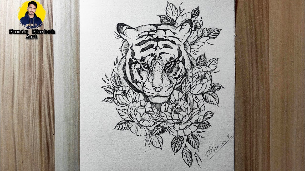 How to draw Tiger face & flowers with pencil - YouTube