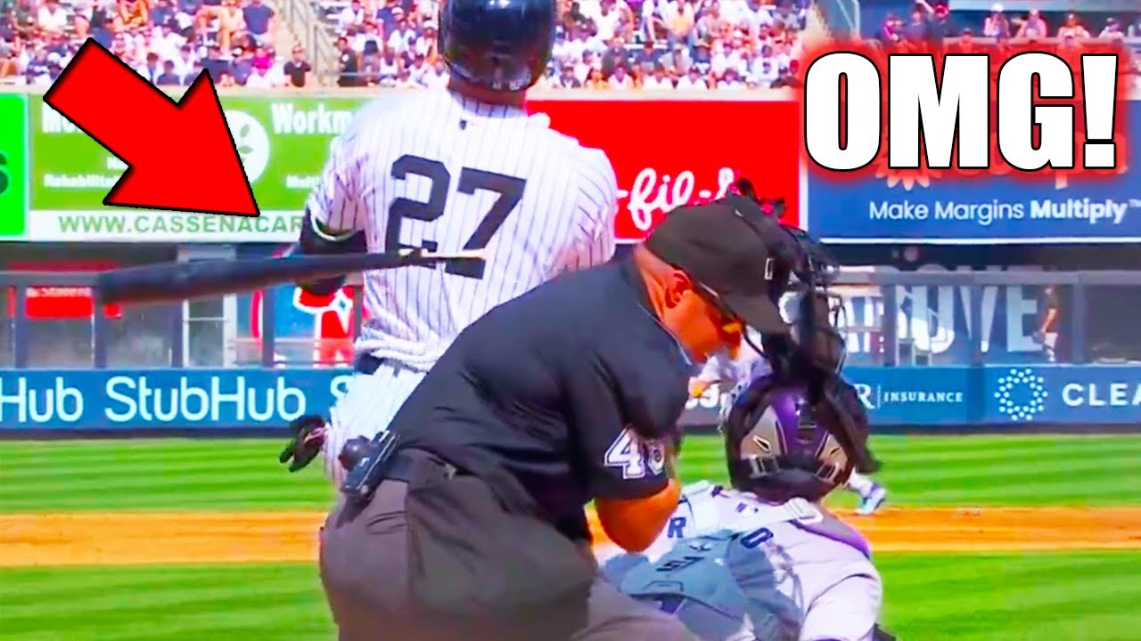 Umpire Nick Mahrley Neck Injury Hit By Giancarlo Stanton Broken Bat ...