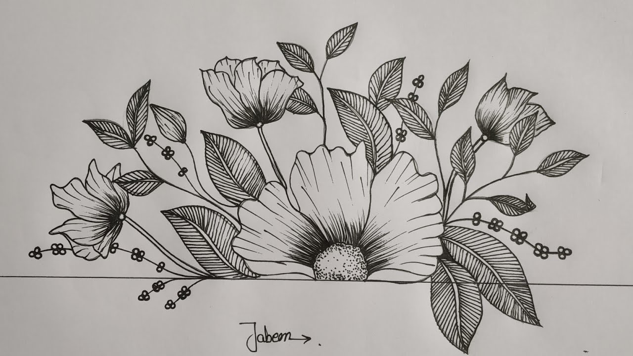 how to draw beautiful flowers | flowers drawing with beautiful leaf ...