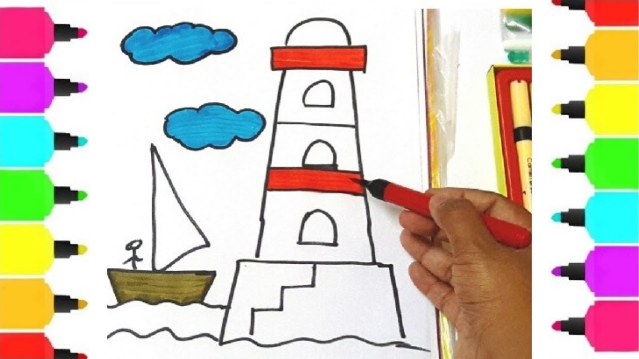 Colorful and easy lighthouse drawing and coloring page for kids - YouTube