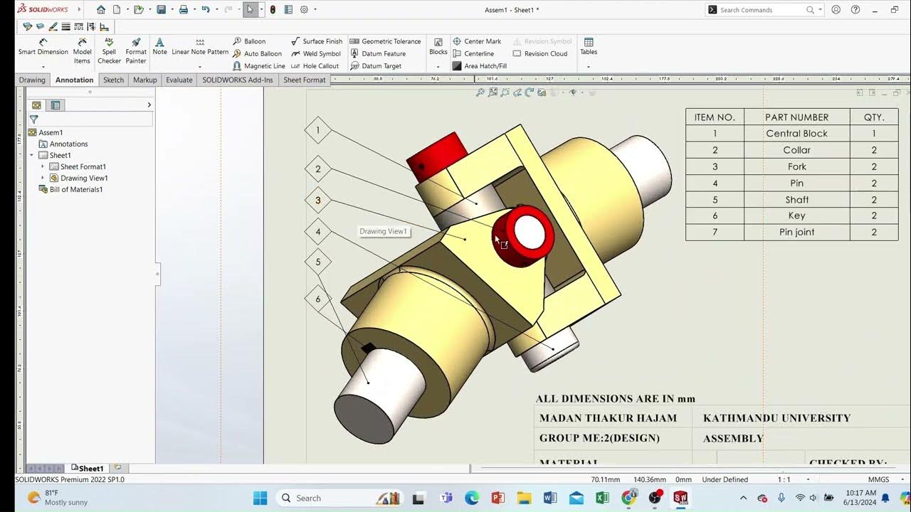 Universal Coupling in SolidWorks Exploded Views, Part Drafts, and Detailed Drawings - YouTube