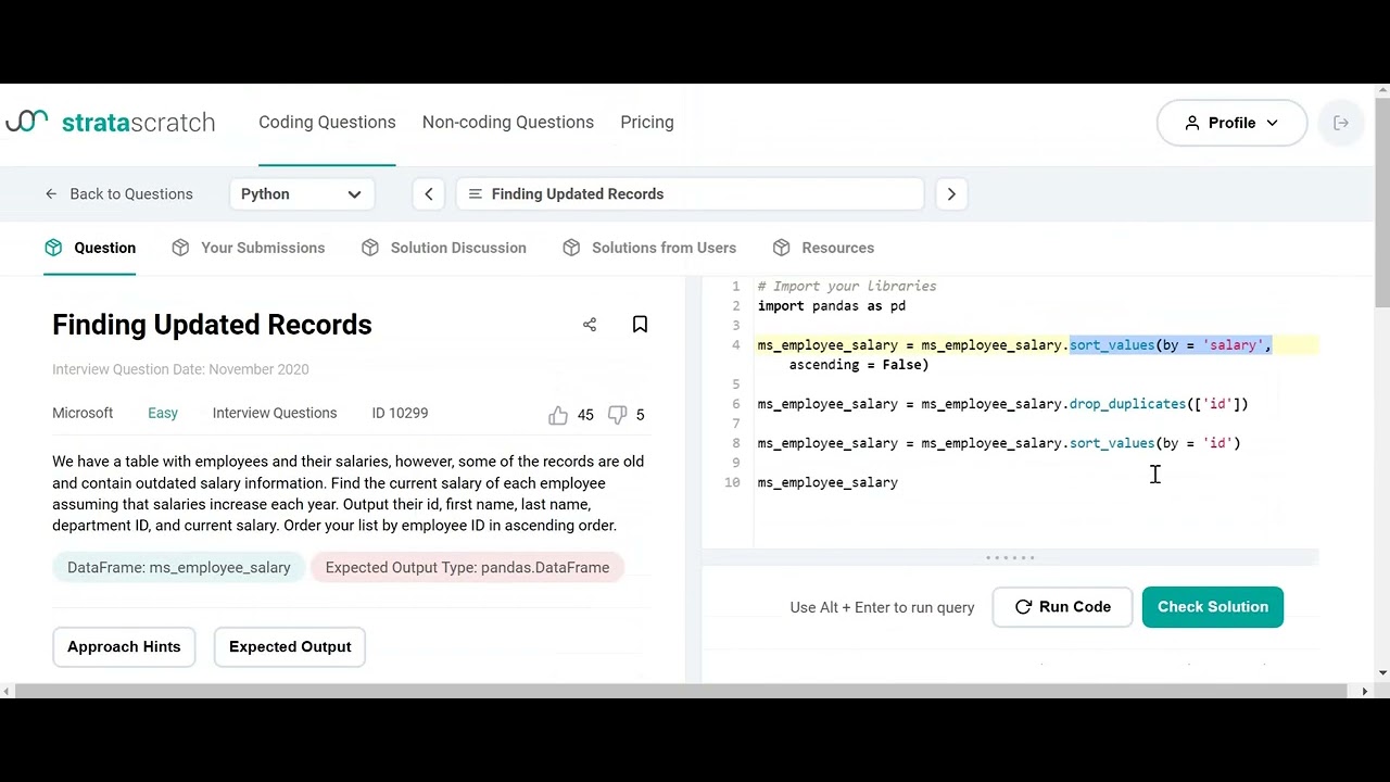 Finding Updated Records | Python Solution | StrataScratch | Microsoft - YouTube