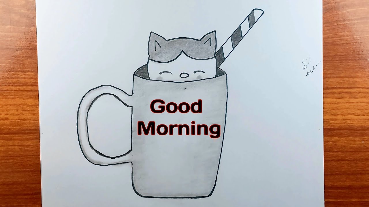 Good morning drawing - cute cat and mug sketch easy /How to draw a cute ...