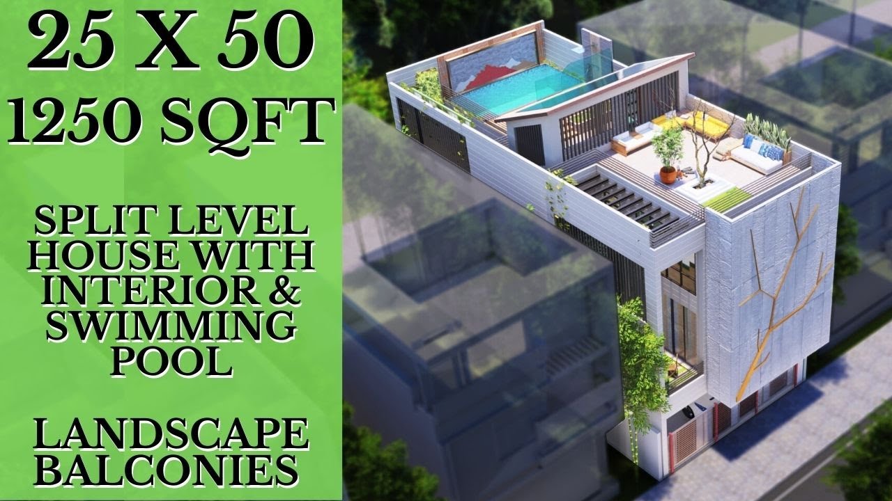 25X50 Feet Split Level House with Double Height Landscape Balconies ...