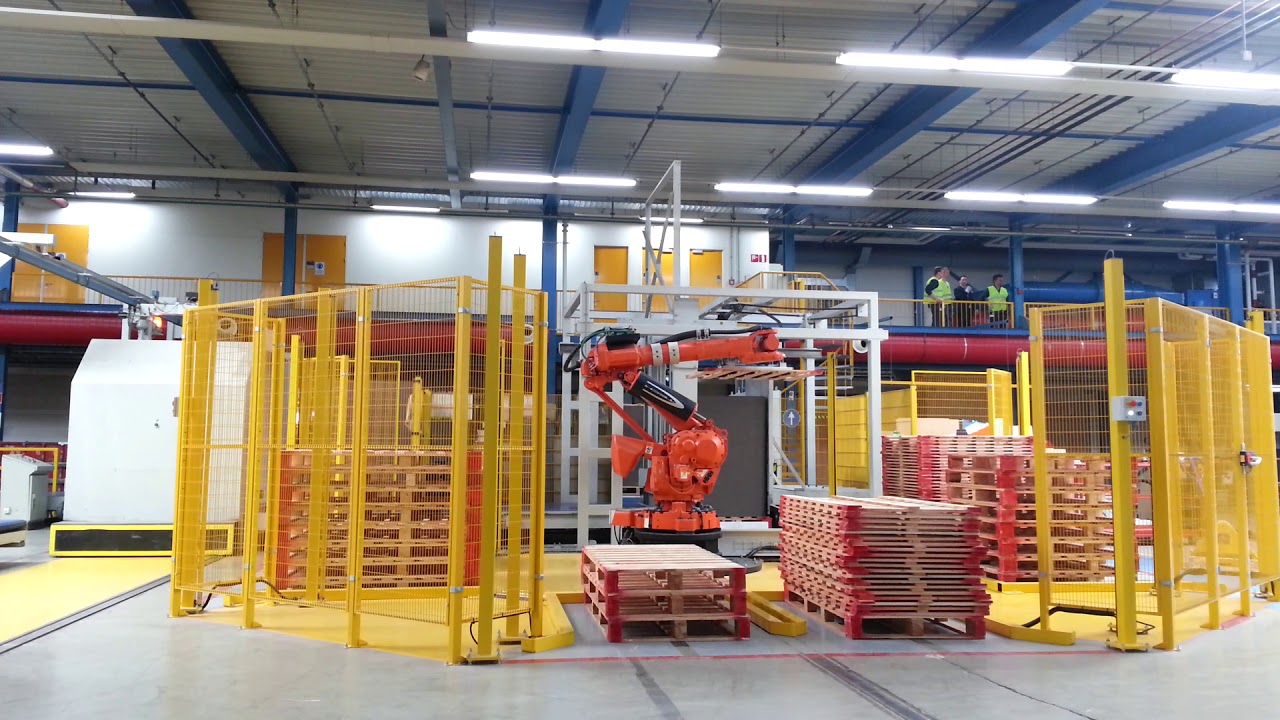 laminated sheets repalletising and strapping - YouTube