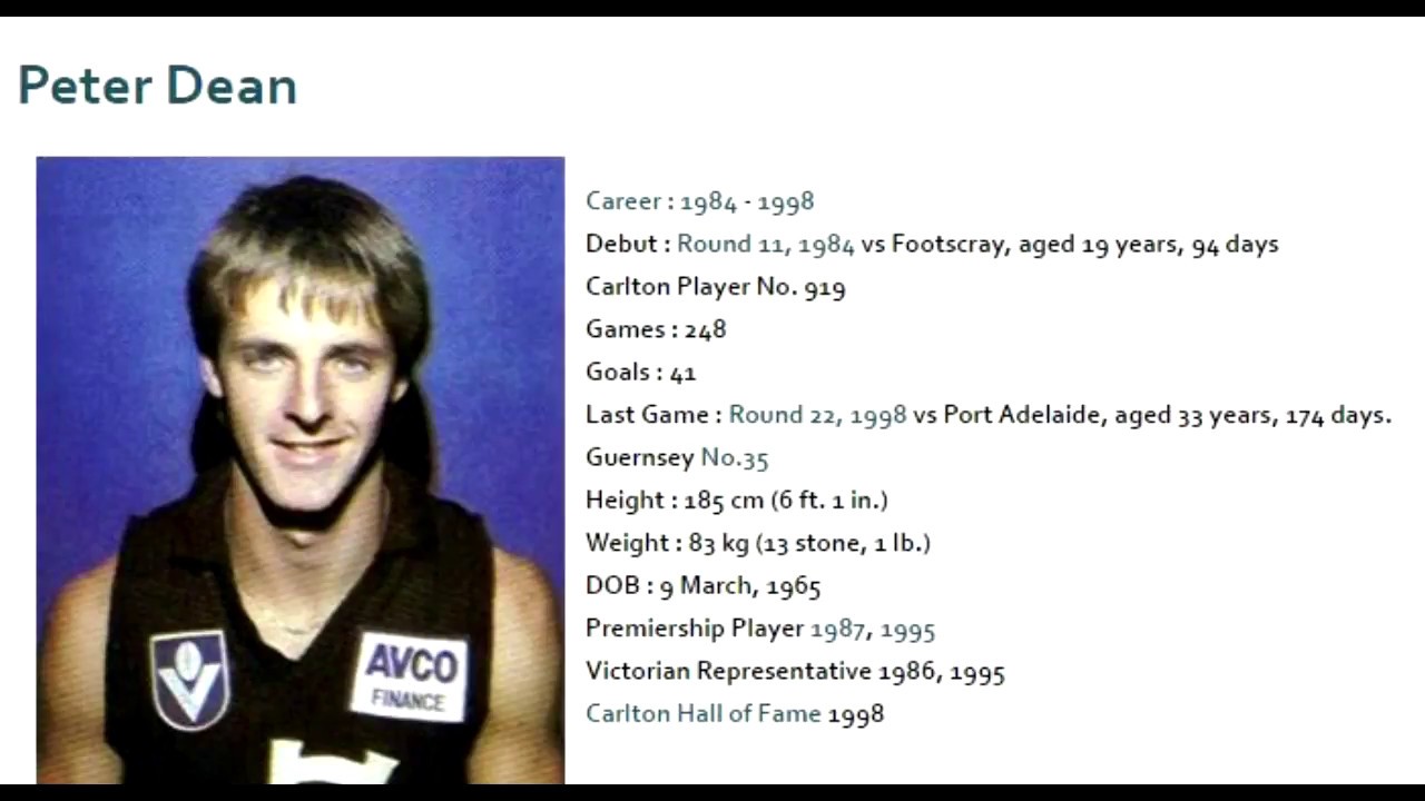 Peter Dean 1985 - Carlton Football Club Past Player - YouTube