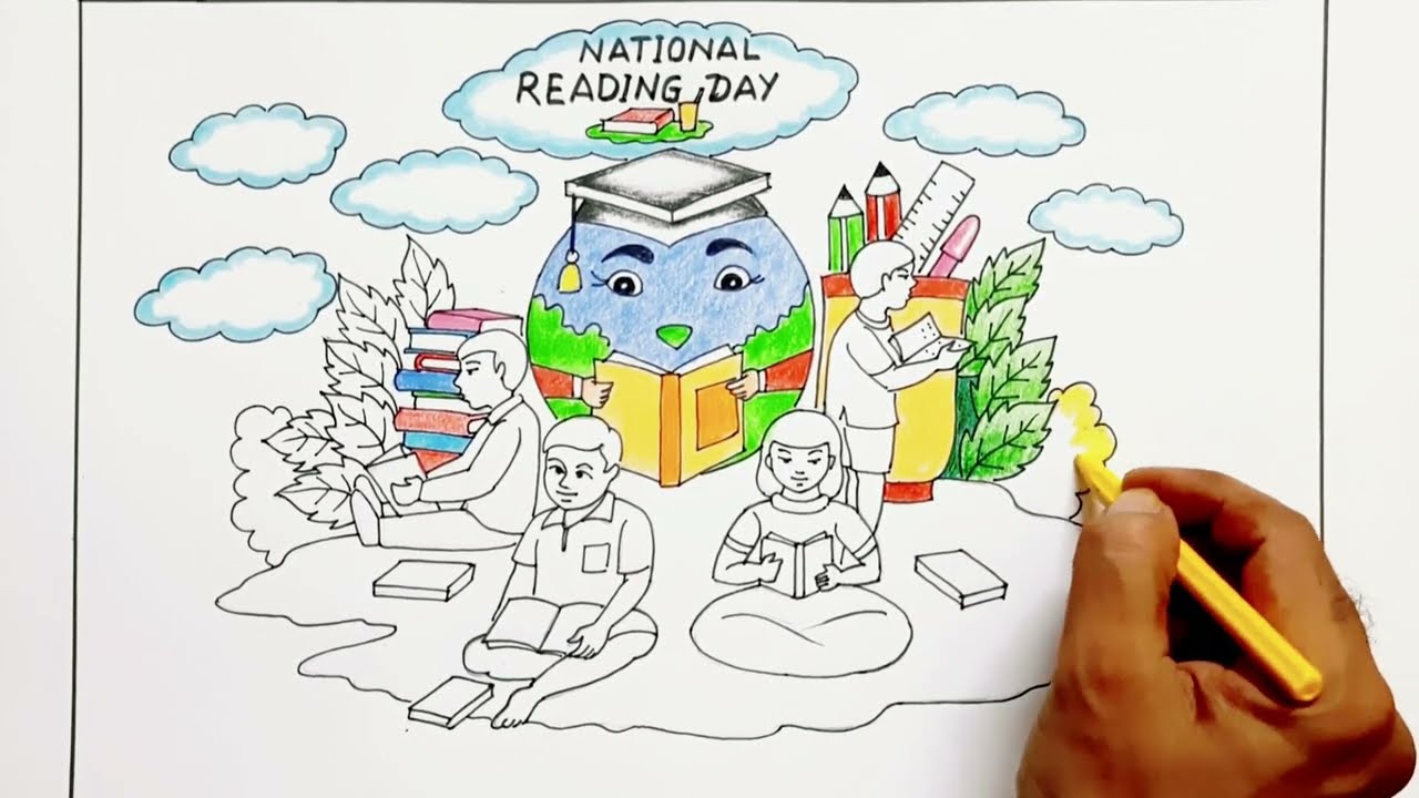 National Reading Day Drawing || How To Draw National Reading Day Poster ...