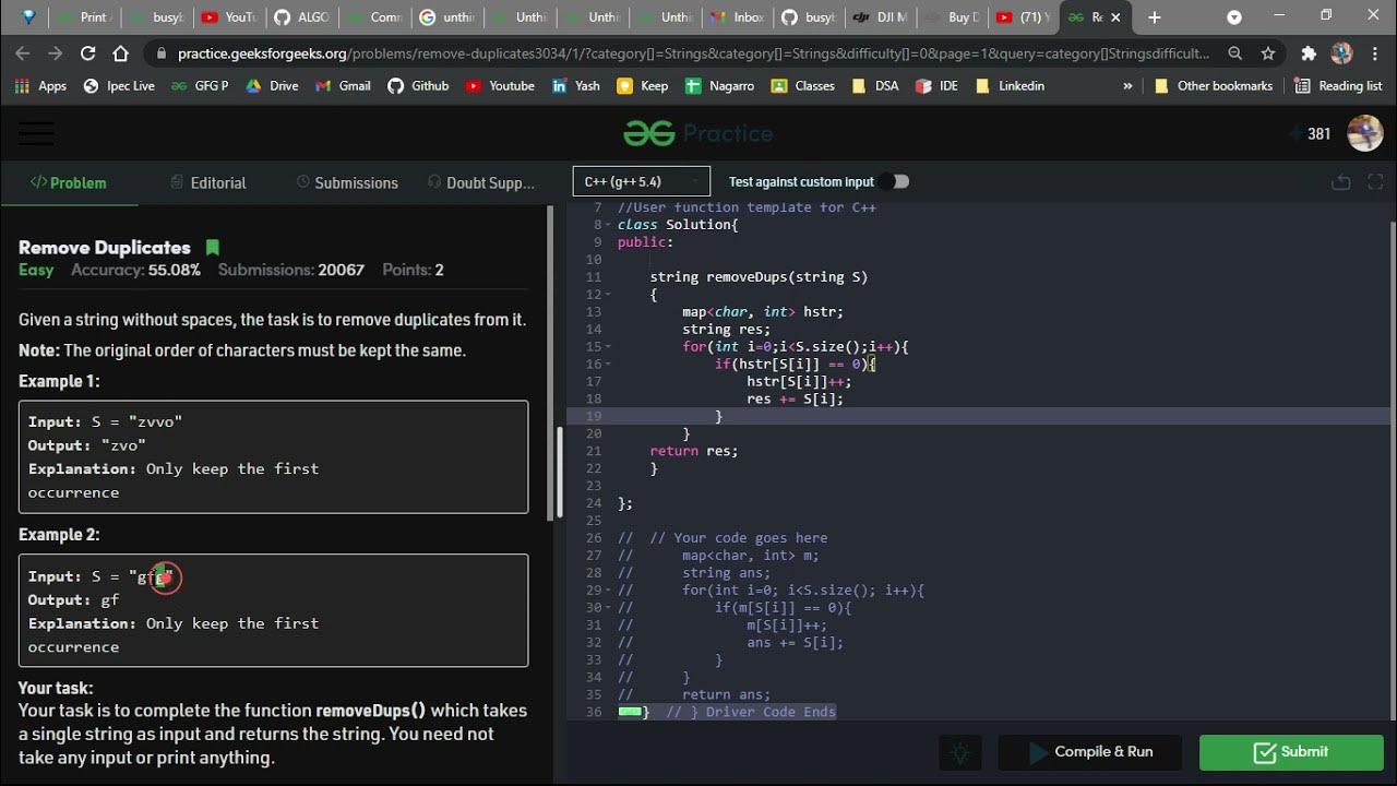 Remove Duplicates | GFG | LEETCODE | C++ | Strings | Hashmaps | Hasing ...