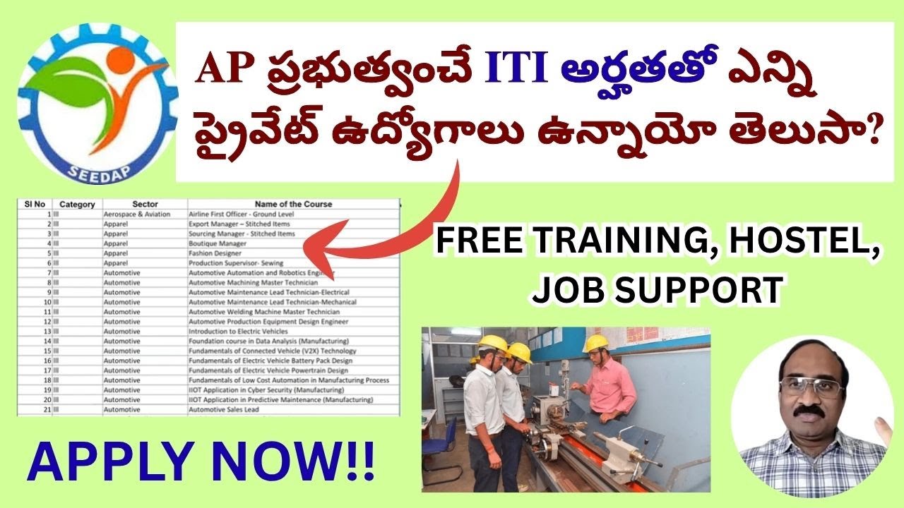 AP: ITI చదివిన వారికి SEED AP ద్వారా FREE TRAINING,HOSTEL,JOB SUPPORT ...