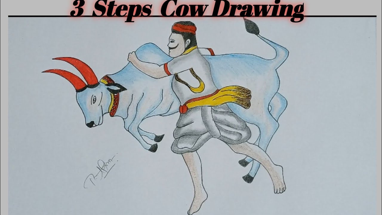 How to draw cow drawing easy steps/ jallikattu kalai drawing/ bull ...
