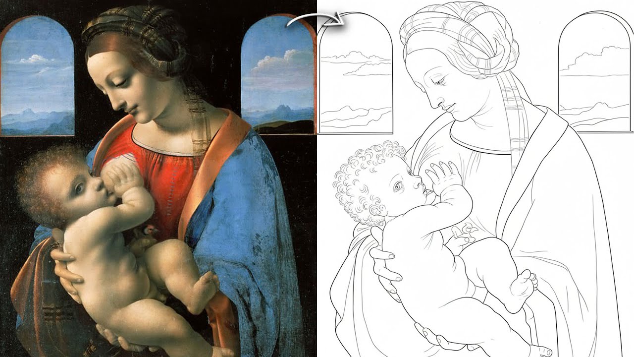 Drawing The Madonna Litta - by Leonardo da Vinci | Line art Drawing ...