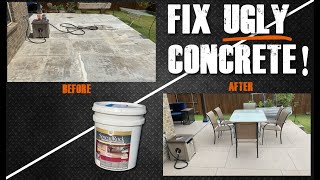Give Your Ugly Concrete Patio a Makeover using SpreadRock by Daich and an air hopper!!  It's easy!