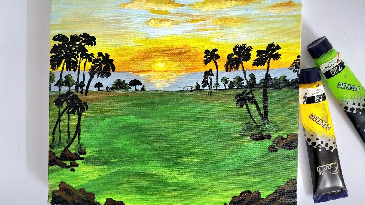 How to Draw a Sunset Lake/ Paint Sunset with me/easiest way to paint a ...