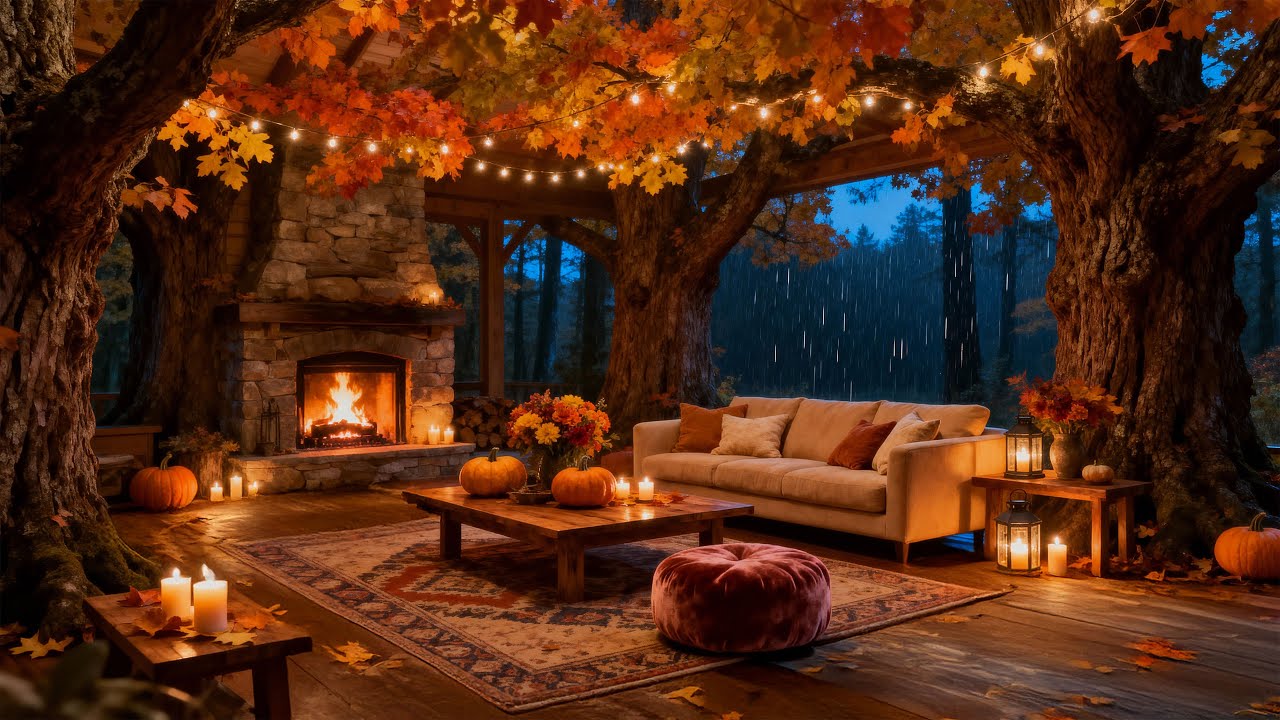 Enchanted Fall Night 🌙 Lantern Glow, Rain Sounds & Fireplace Ambience ...