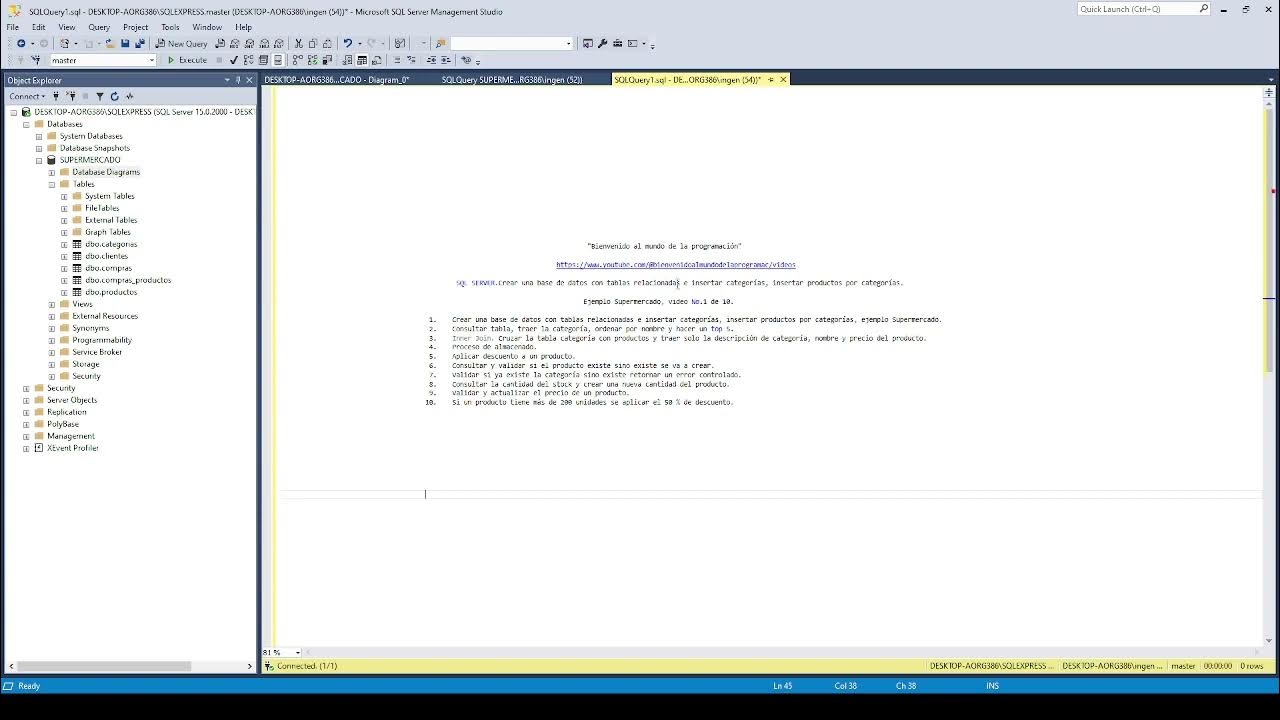 SQL SERVER. Crear una base de datos con tablas relacionadas e insertar categorías, productos ...