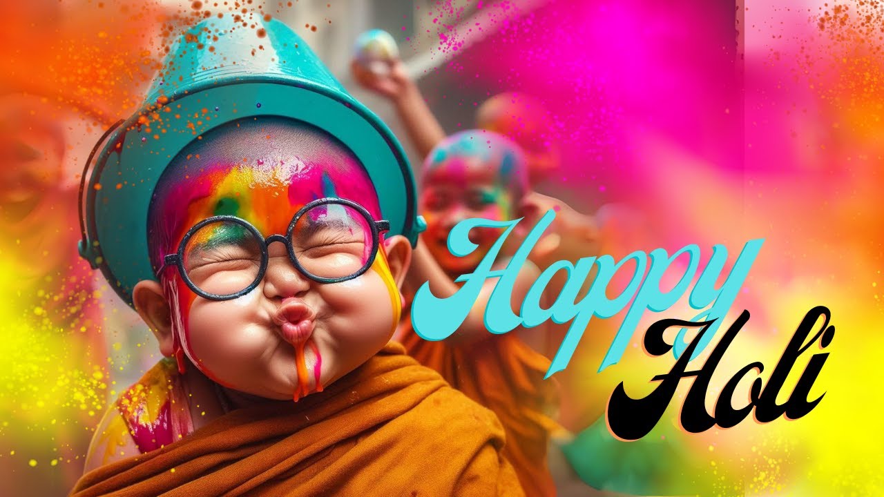 So cute little monk enjoying #holi with his Friends, Grandmom, Animals ...