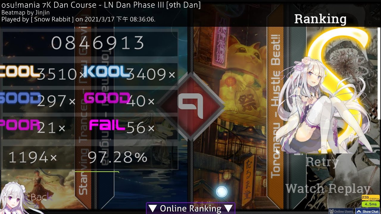 [Osu!Mania] 7K LN Dan Phase III [9th Dan] | 97.28% Clear! - YouTube