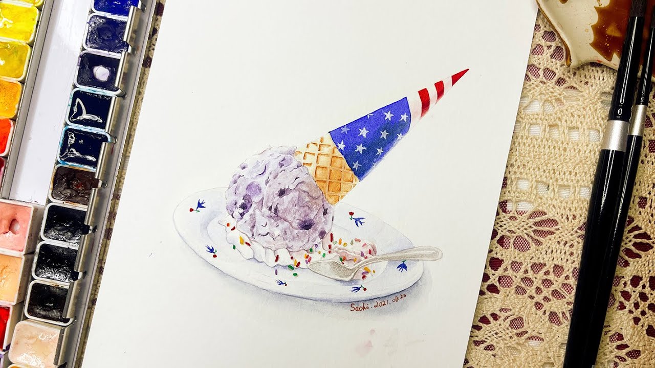Let's painting:Draw a ice cream | Watercolor tutorial | 冰淇淋水彩过程 ...